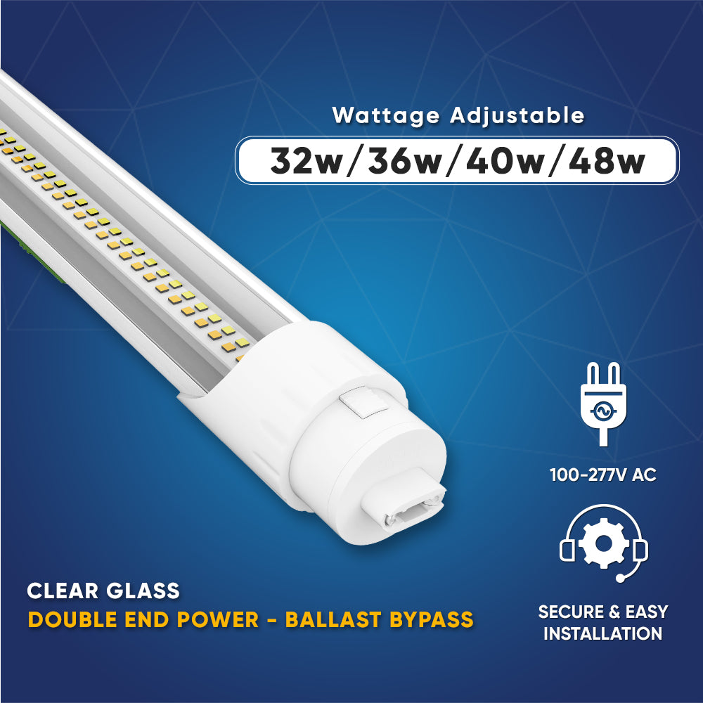 T8 8ft LED Tube/Bulb - 32/36/40/48W Wattage Adjustable, 130lm/w, 3000K ...