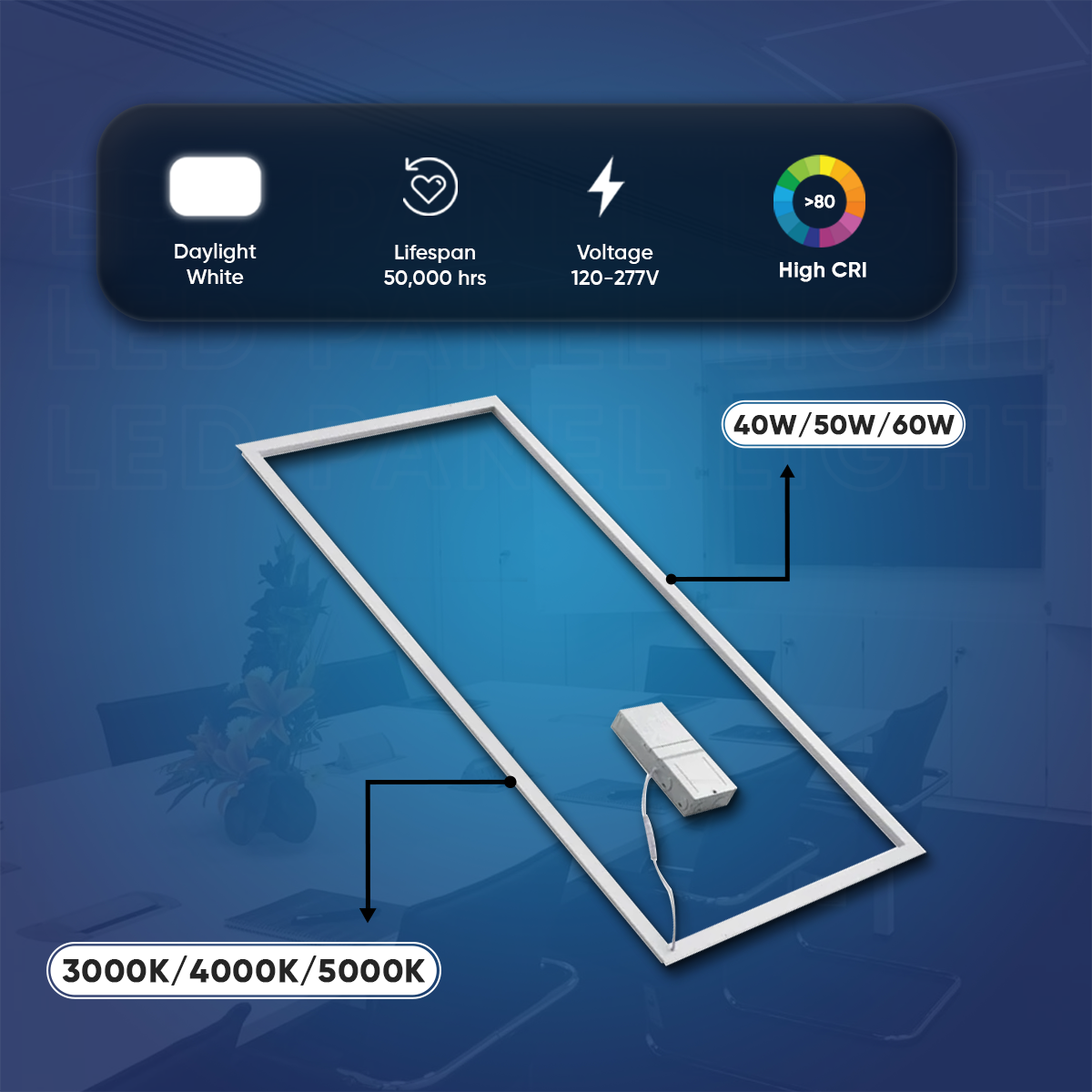 2x4 FT LED T-Bar Panel Light, 40W/50W/60W Wattage Adjustable, 3000K/40