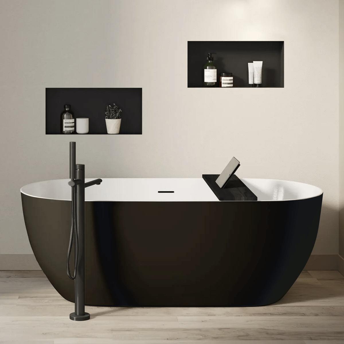 Flora 67 in. Classic Series Acrylic Freestanding Soaking Bathtub in Glossy Black Outside ...