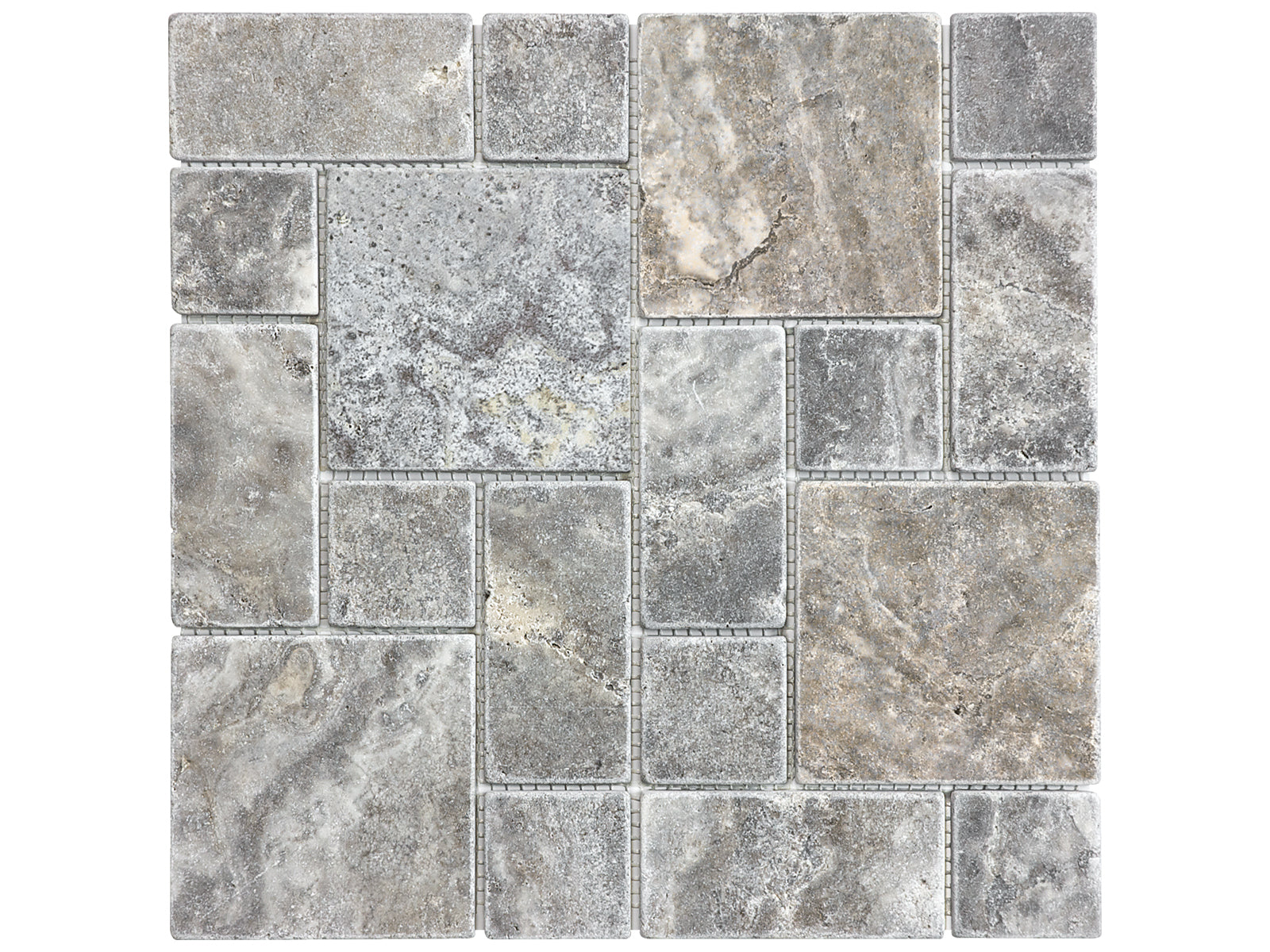 Roman Pattern Silver Ash Tumbled Travertine Mosaic