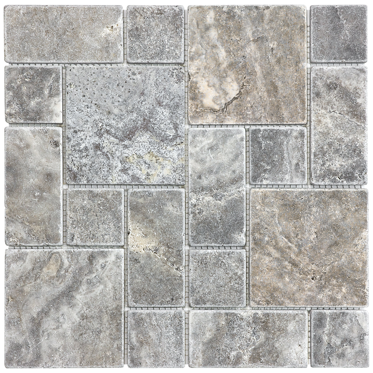 Roman Pattern Silver Ash Tumbled Travertine Mosaic - BUILDMYPLACE